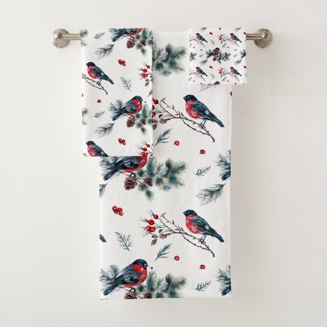 Rustic Pine Cones Pine Branches Berries Birds | Bath Towel Set | Zazzle