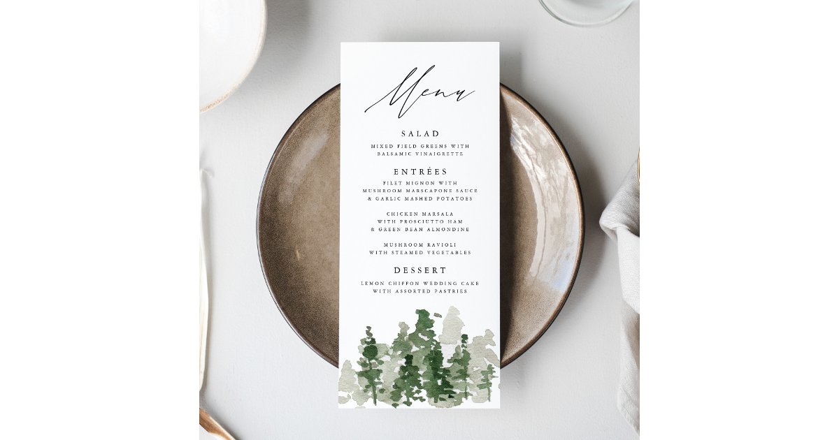 Rustic Pine Forest Wedding Menu Card | Zazzle