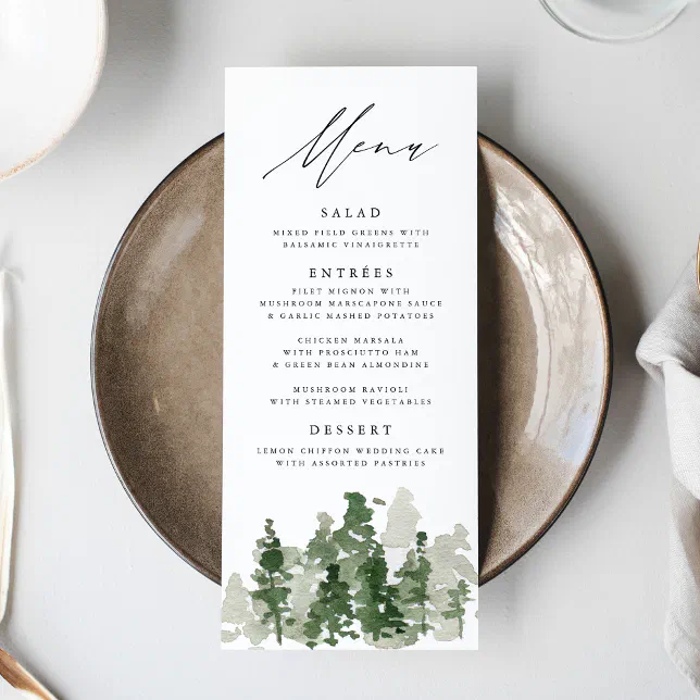 Rustic Pine Forest Wedding Menu Card | Zazzle
