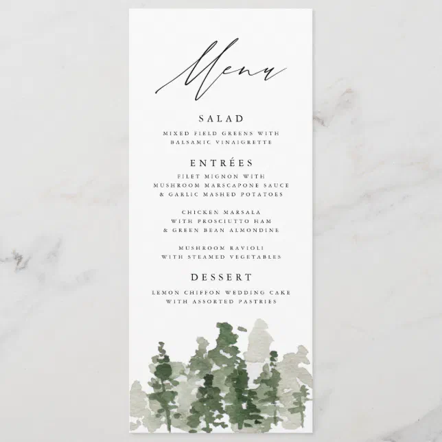 Rustic Pine Forest Wedding Menu Card | Zazzle