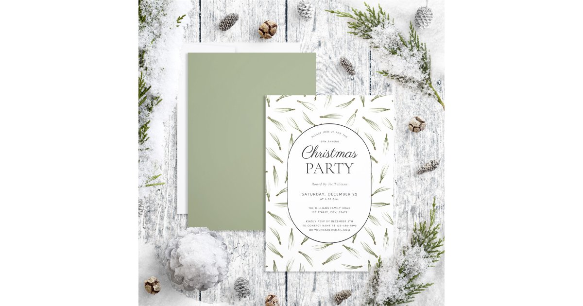 Rustic Pine Needle Greenery Christmas Party Invitation | Zazzle