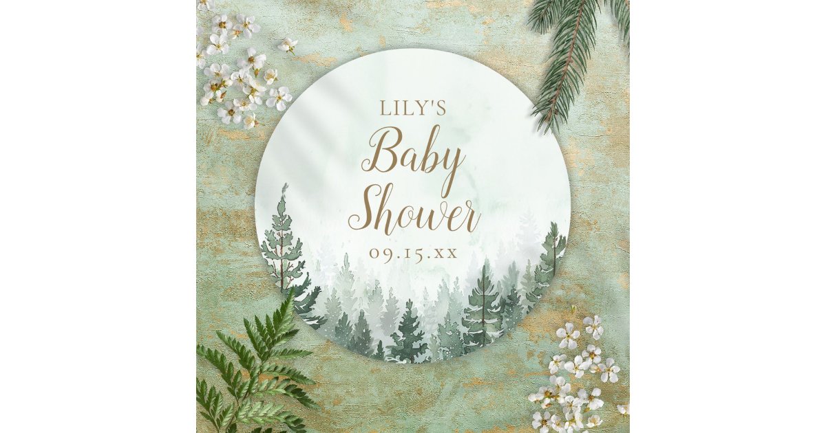 Rustic Pine Tree Forest Baby Shower Classic Round Sticker | Zazzle