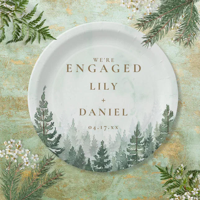 Rustic Pine Tree Forest Engagement Party Paper Plates | Zazzle