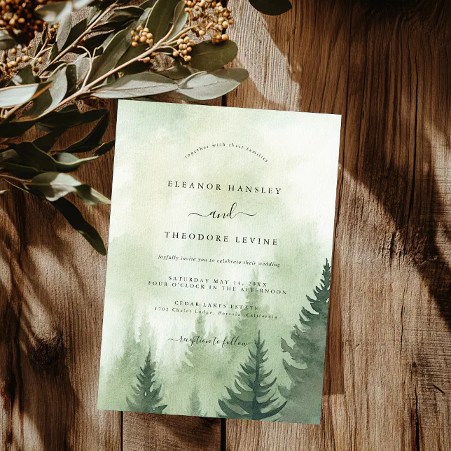Rustic Pine Tree Forest Watercolor Wedding Invitation | Zazzle