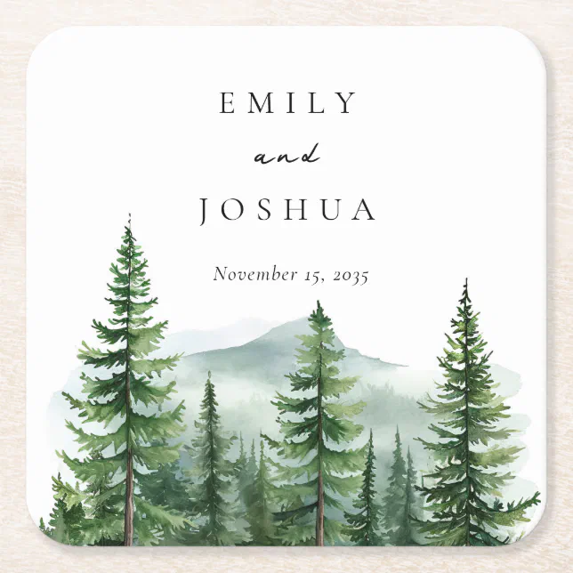 Rustic Pine Tree Forest Wedding Square Paper Coaster | Zazzle