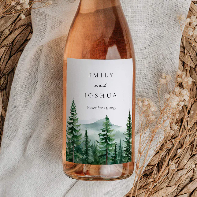Rustic Pine Tree Forest Wedding Wine Label | Zazzle