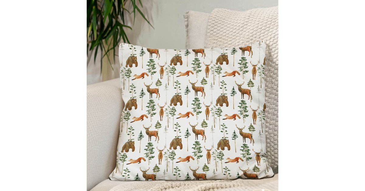 Rustic Pine Trees Deer pattern Throw Pillow | Zazzle