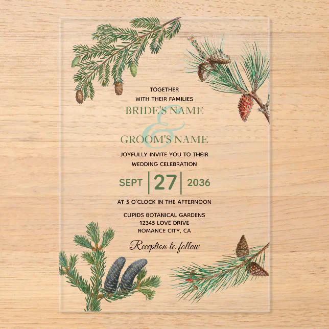 Rustic Pine Trees Forest Greenery Wedding Acrylic Invitations | Zazzle