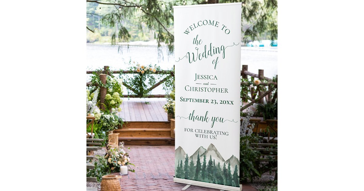 Rustic Pine Trees & Mountains Wedding Welcome Retractable Banner | Zazzle