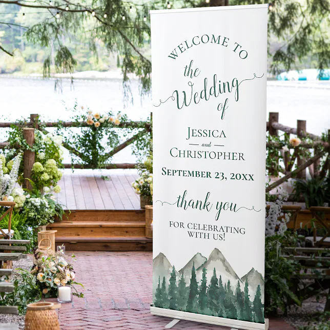 Rustic Pine Trees & Mountains Wedding Welcome Retractable Banner | Zazzle