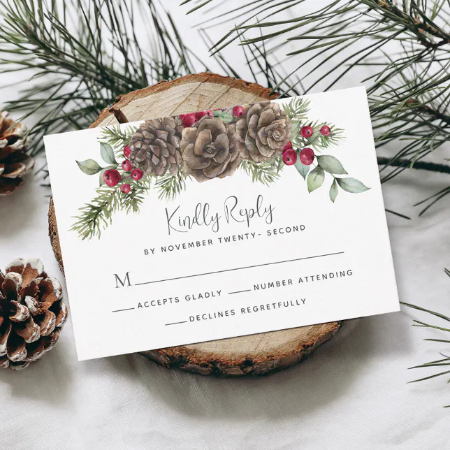 Rustic Pine Winter Berries Christmas Wedding RSVP Card | Zazzle