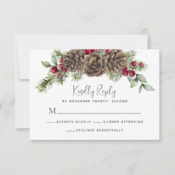Rustic Pine Winter Berries Christmas Wedding RSVP Card | Zazzle
