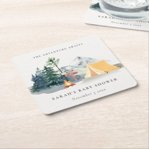 Rustic Pine Woods Camping Mountain Baby Shower Square Paper Coaster ...