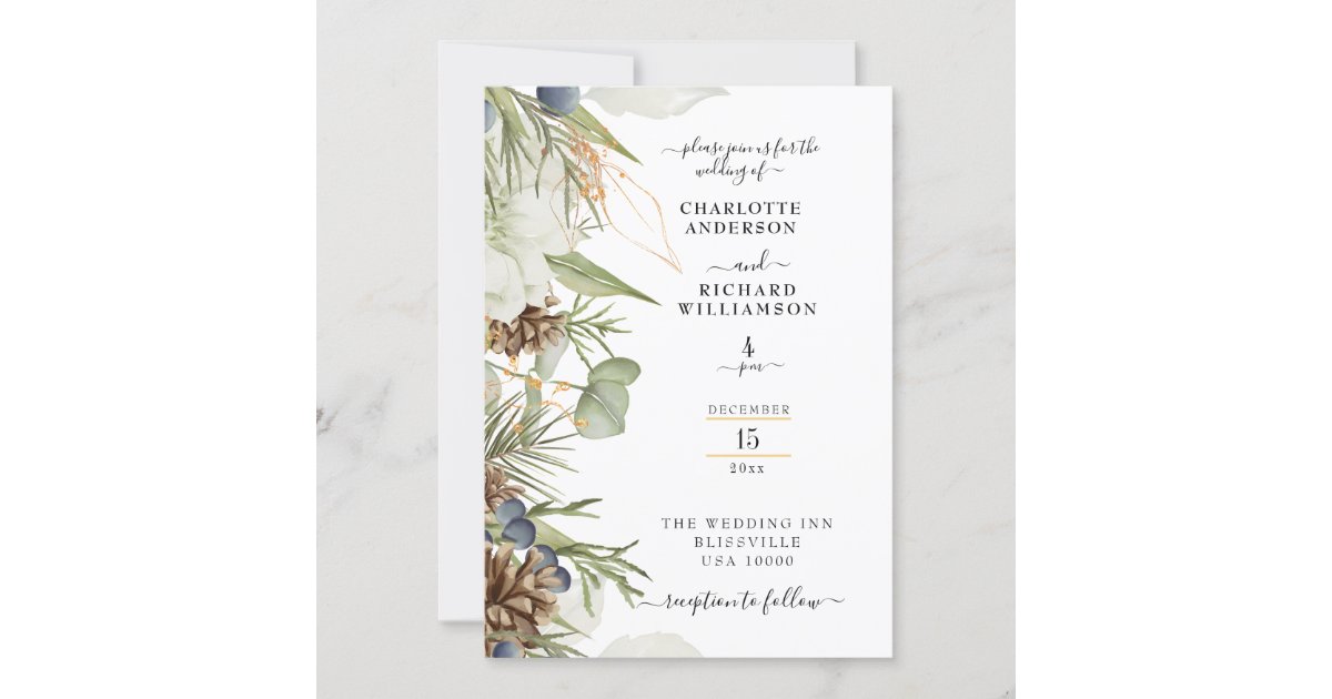Rustic Pinecone Greenery Border on White Invitation | Zazzle