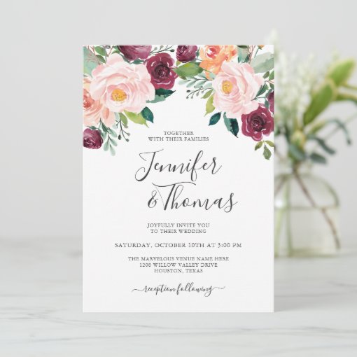 Rustic Pink and Burgundy Floral Wedding Invitation | Zazzle