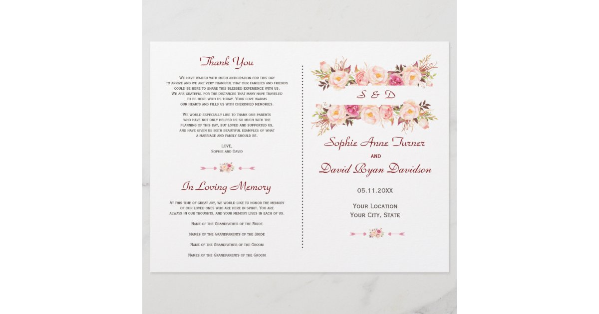 Rustic Pink Blush Flowers Frame Wedding Program | Zazzle