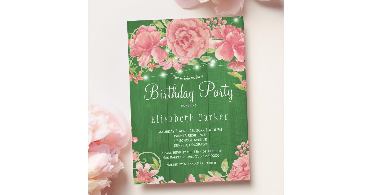 Rustic pink blush rose peonies birthday party invitation | Zazzle