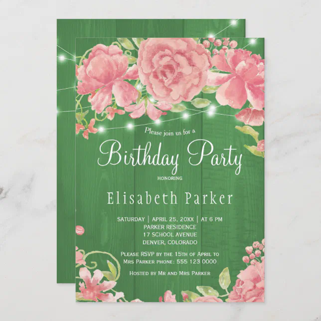 Rustic pink blush rose peonies birthday party invitation | Zazzle