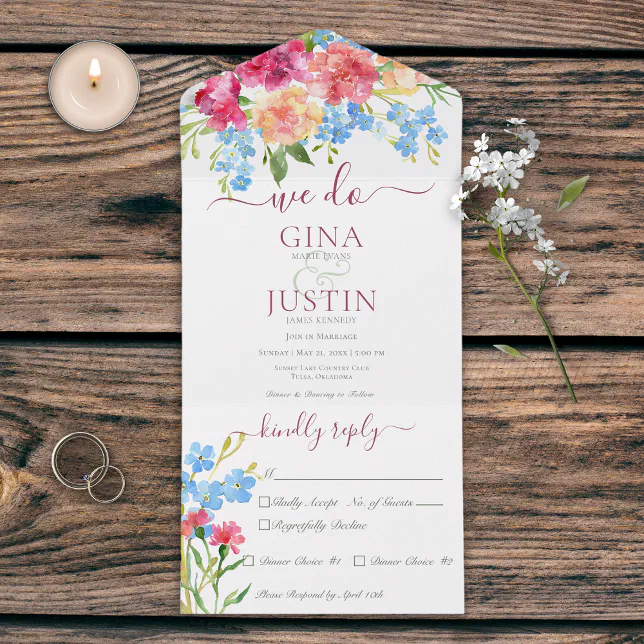 Rustic Pink Carnations & Forget Me Nots Dinner All In One Invitation ...