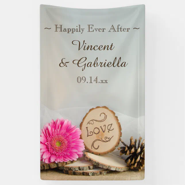 Rustic Pink Daisy Woodland Wedding Banner | Zazzle
