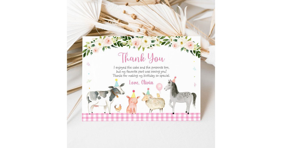 Rustic Pink Farm Floral Birthday Thank You Card | Zazzle