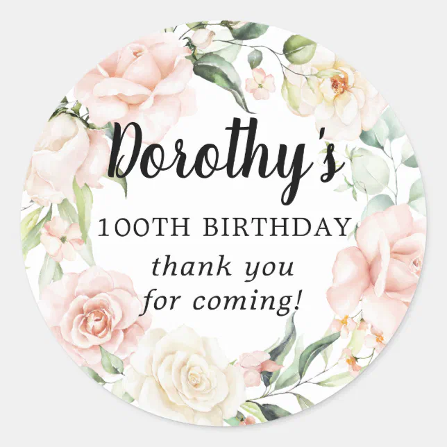 Rustic Pink Floral 100th Birthday Thank You Classic Round Sticker | Zazzle