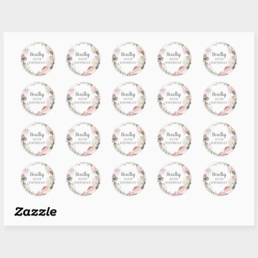 Rustic Pink Floral 80th Birthday Party Classic Round Sticker | Zazzle