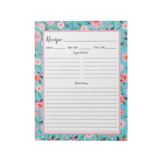 Rustic Pink Floral Aqua Wood Recipe Notepad | Zazzle