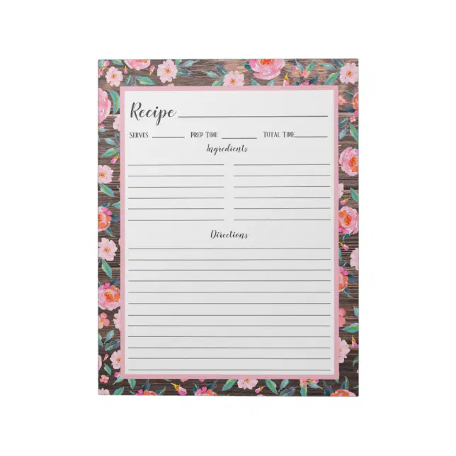 Rustic Pink Floral Dark Wood Recipe Notepad | Zazzle