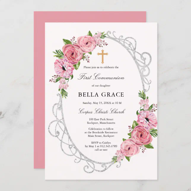 Rustic Pink Floral First Holy Communion Invitation | Zazzle