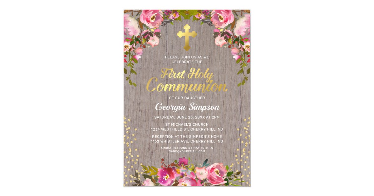 Rustic Pink Floral First Holy Communion Invitation | Zazzle.com