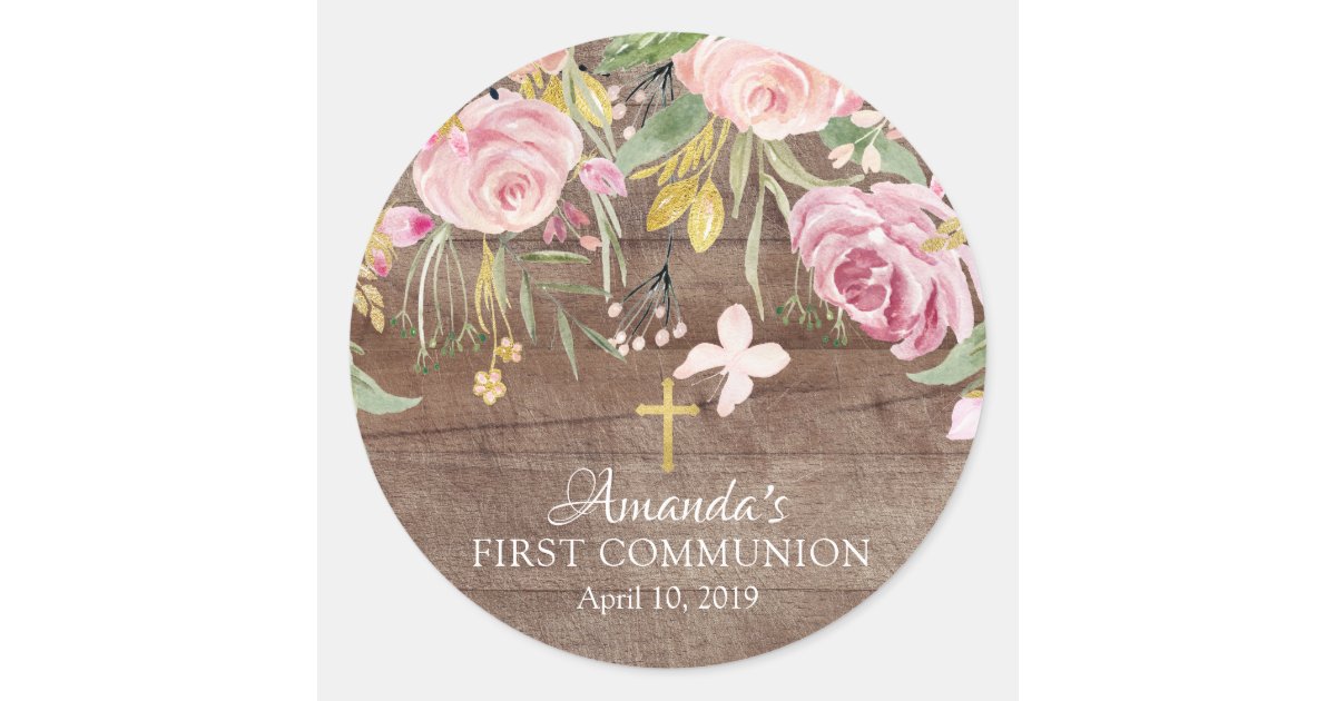 Rustic Pink Floral First Holy Communion Sticker | Zazzle