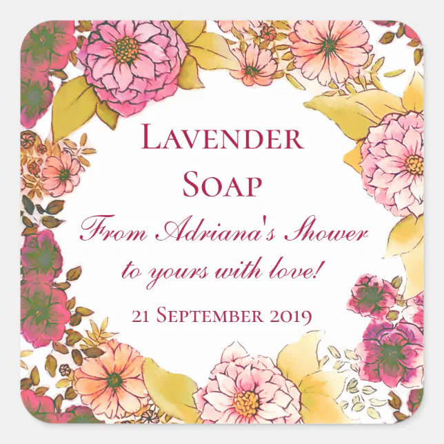 Rustic Pink Floral Gift Soaps for Bridal Shower Square Sticker | Zazzle