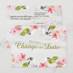Rustic Pink Floral on White Wood Change the Date Postcard | Zazzle