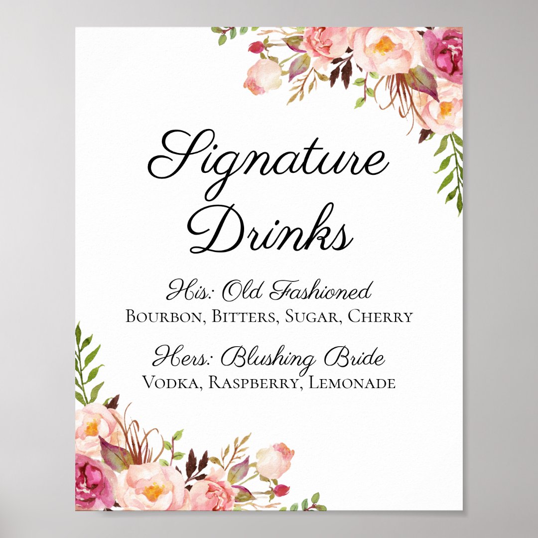 Rustic Pink Floral Signature Drinks Cocktail Sign | Zazzle