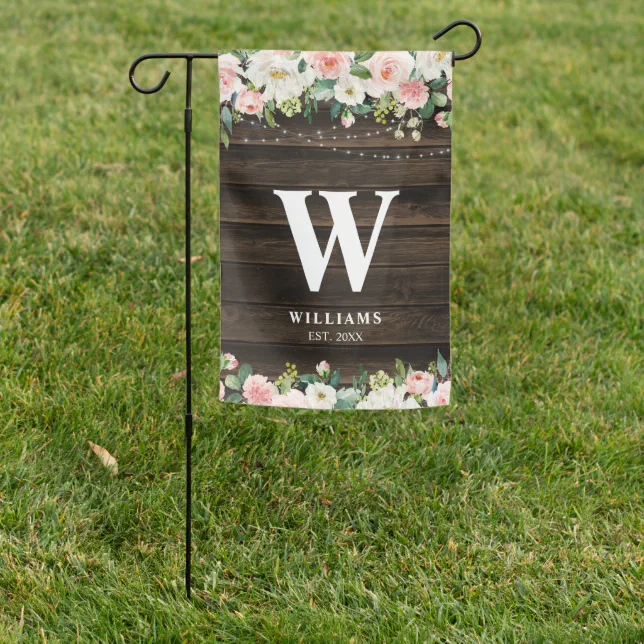 Rustic Pink Floral String Lights Personalized Garden Flag | Zazzle