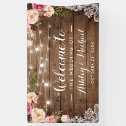 Rustic Pink Floral String Lights Welcome Wedding Banner | Zazzle