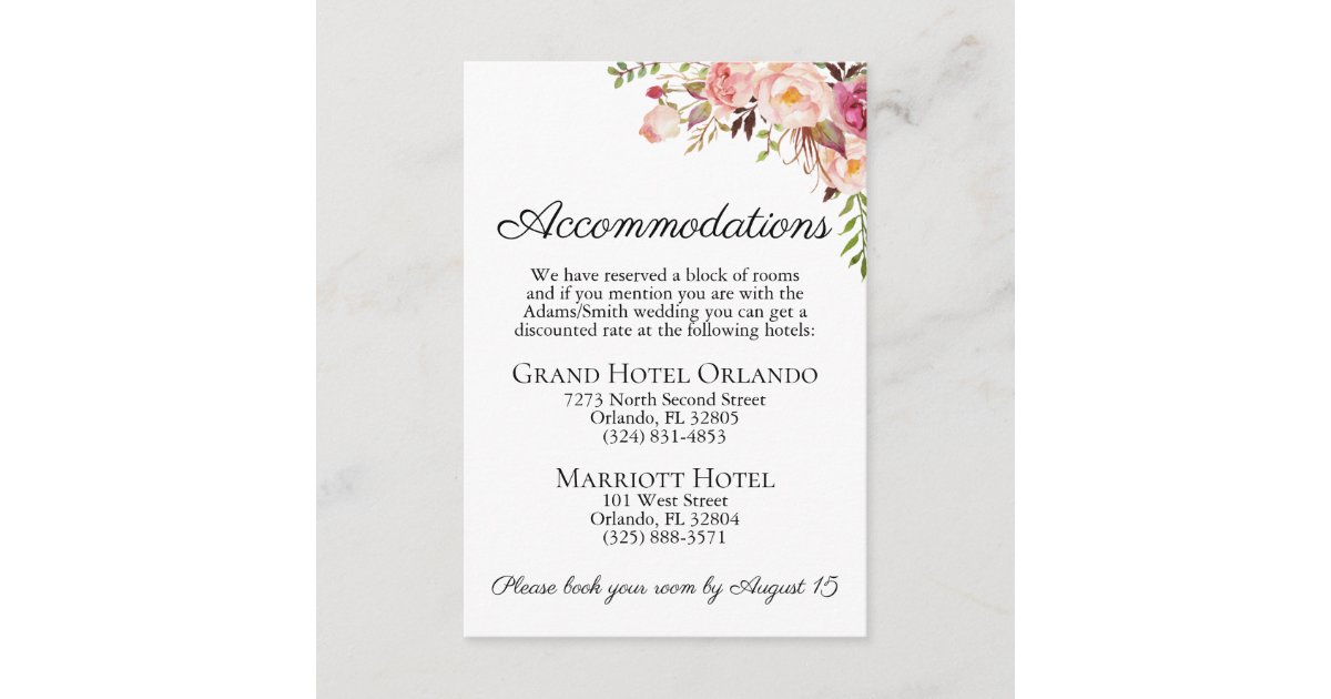 Rustic Pink Floral Wedding Accommodations Cards | Zazzle