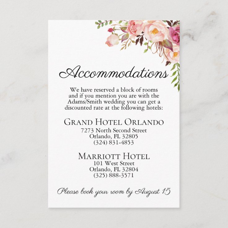 Rustic Pink Floral Wedding Accommodations Cards | Zazzle