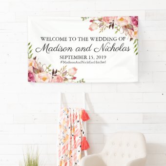 Rustic Pink Floral Wedding Banner Decoration | Zazzle