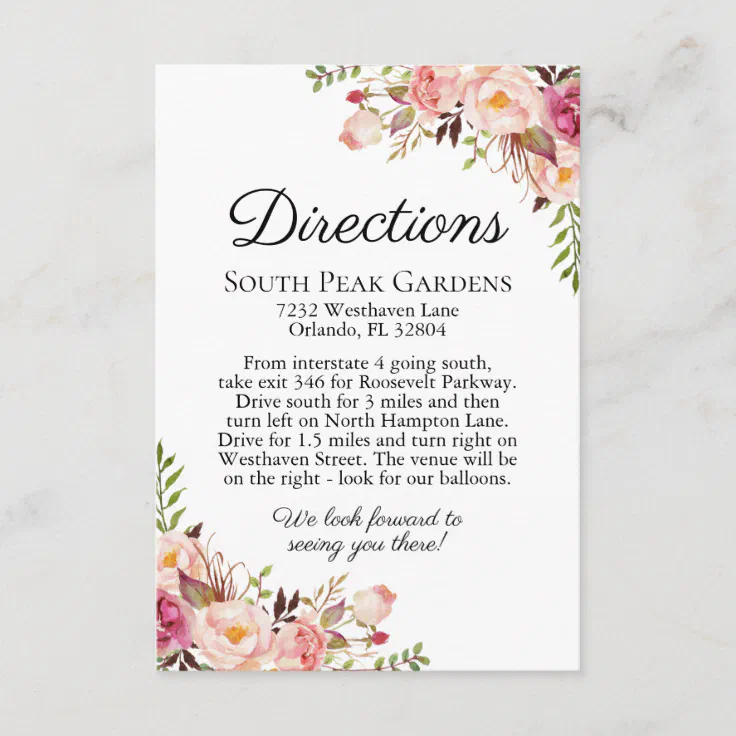 Rustic Pink Floral Wedding Directions Inserts | Zazzle