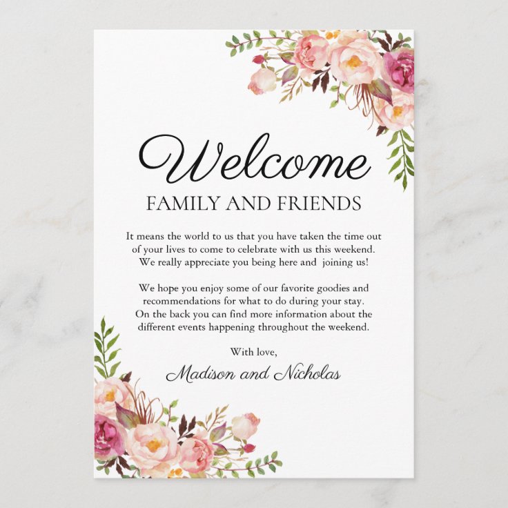 Rustic Pink Floral Wedding Hotel Welcome Cards | Zazzle