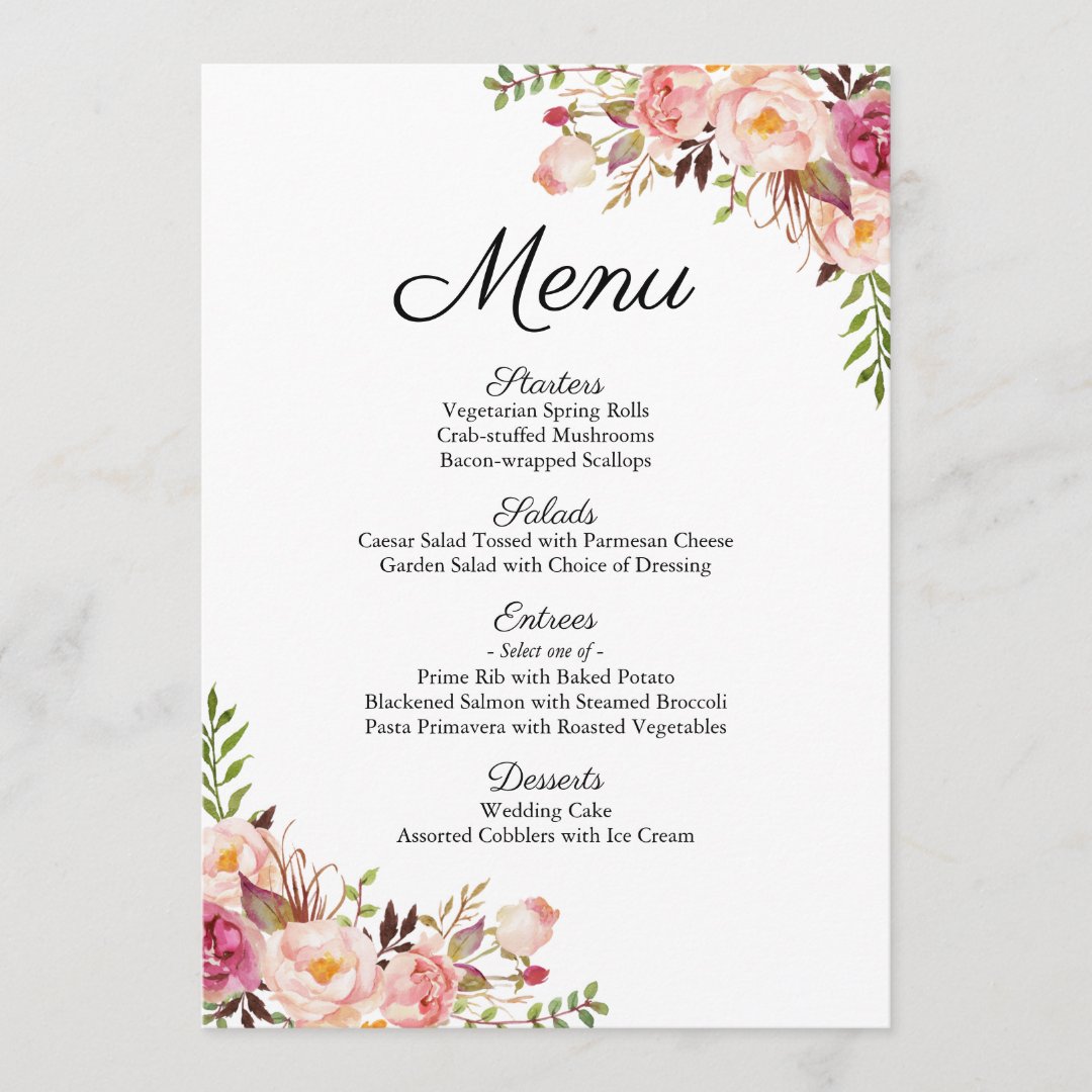 Rustic Pink Floral Wedding Menu Cards | Zazzle