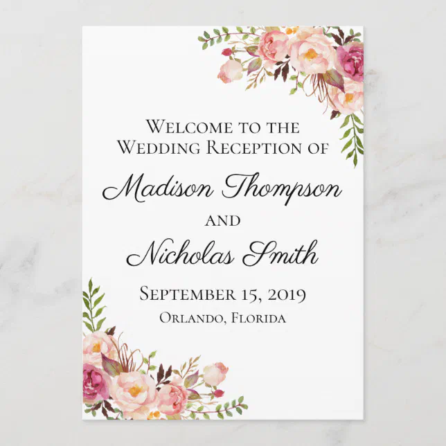Rustic Pink Floral Wedding Reception Programs | Zazzle