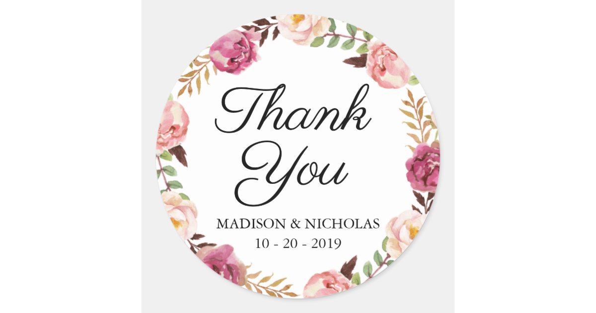 Rustic Pink Floral Wedding Stickers Thank You | Zazzle