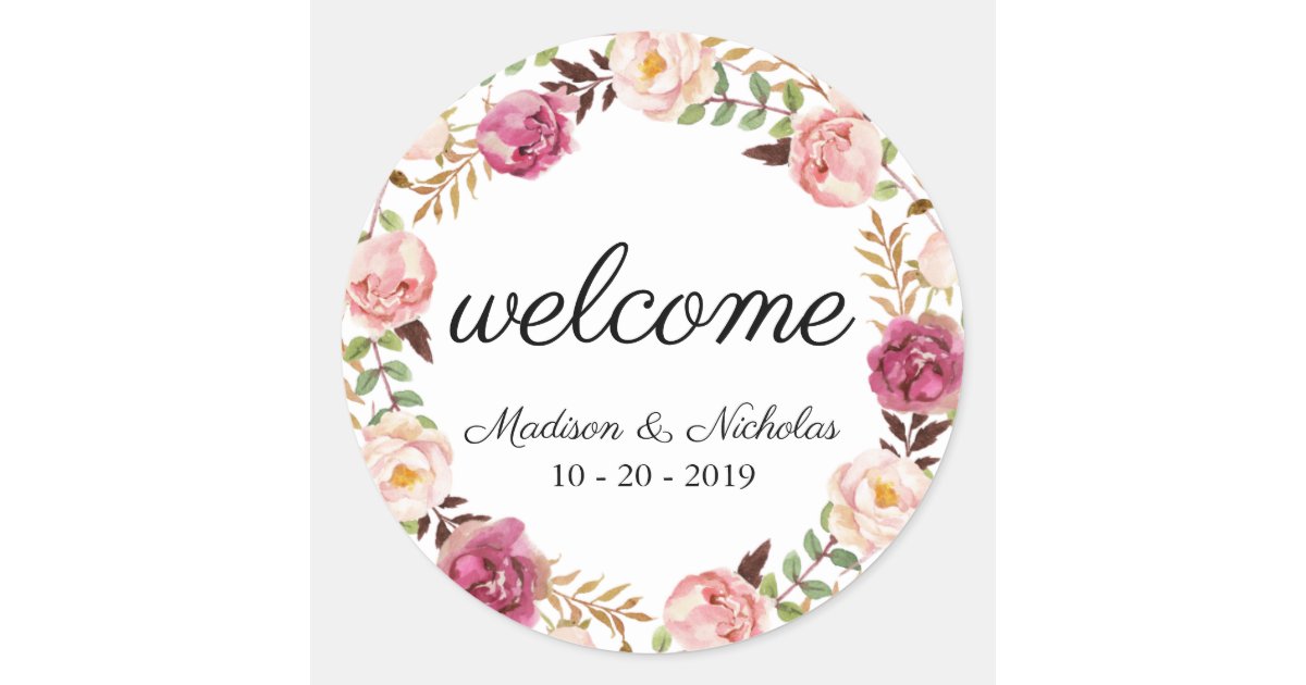 Rustic Pink Floral Wedding Welcome Stickers | Zazzle