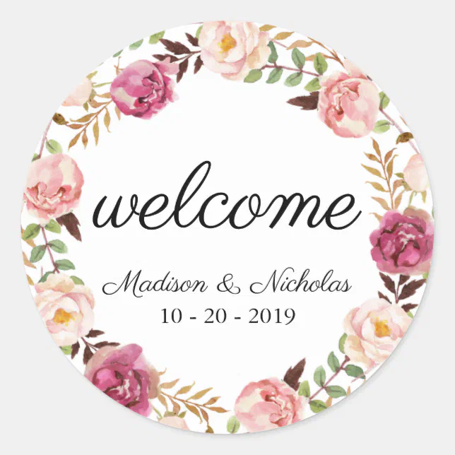 Rustic Pink Floral Wedding Welcome Stickers | Zazzle