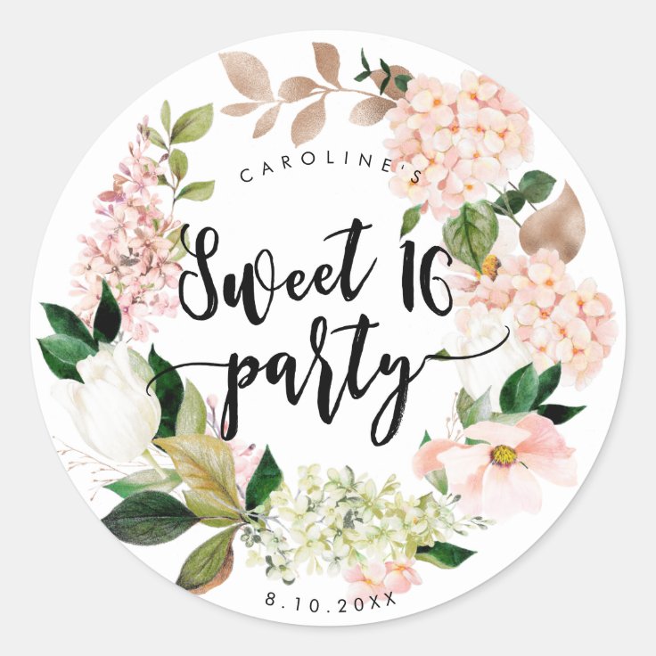 rustic pink floral wreath sweet 16 sticker | Zazzle