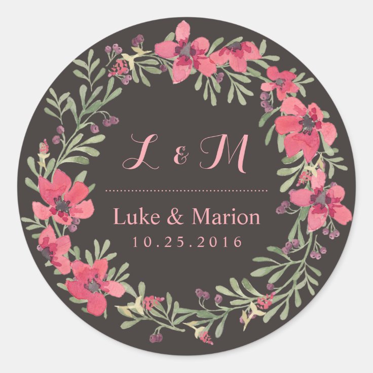 Rustic Pink Flower Wreath Monogram Wedding Sticker | Zazzle