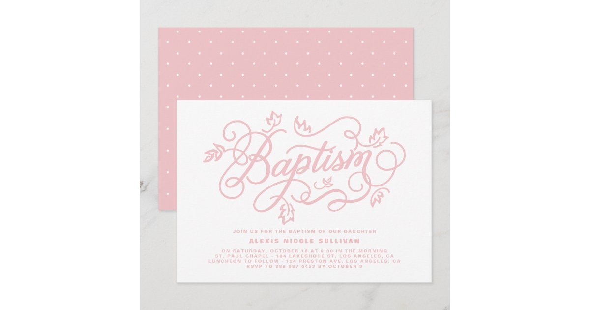 Rustic Pink Foliage Lettering Baptism Invitation | Zazzle